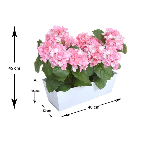 Artificial Pink Hydrangea in White Metal Window Box