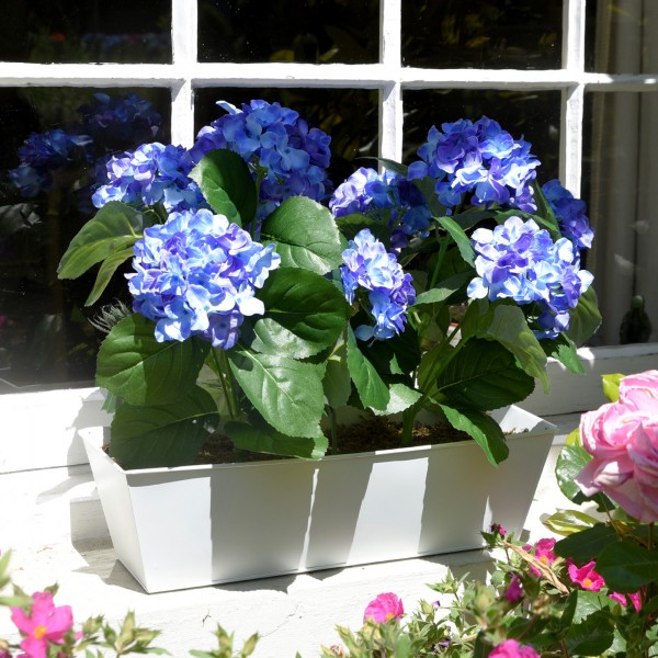 Artificial Blue Hydrangea in White Metal Window Box